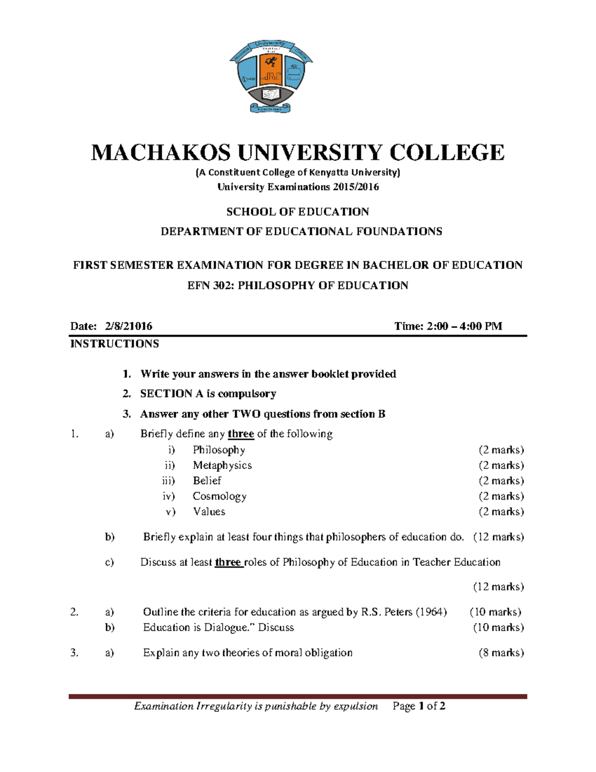 EFN 302 Final Exam: Philosophy of Education Overview and Key Questions ...