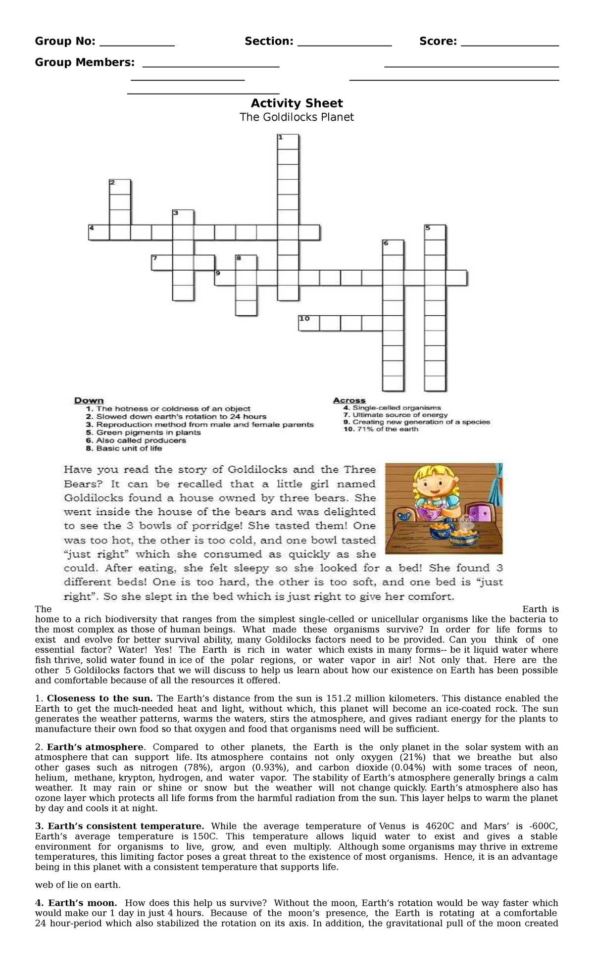 Goldilocks Factors for Life on Earth: Activity Sheet - Studocu