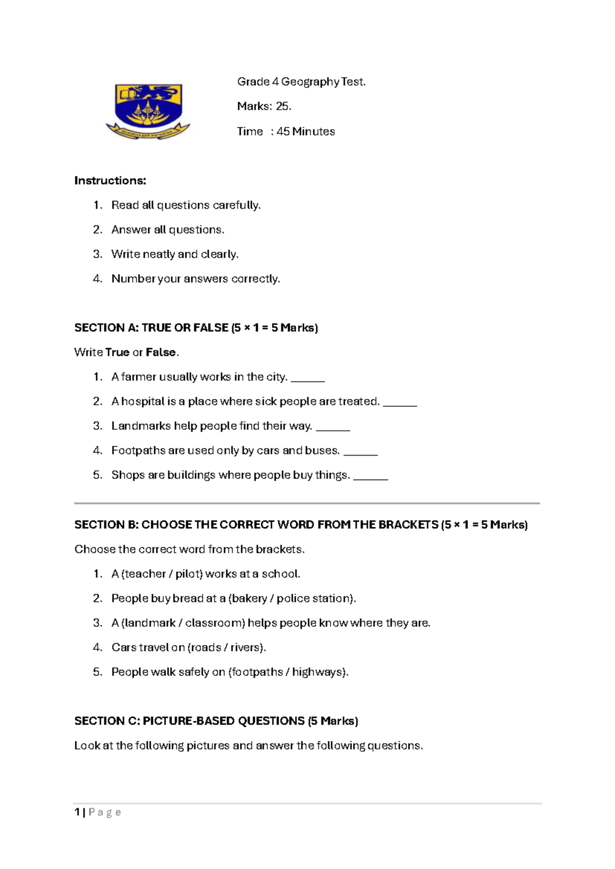 Grade 4 Geography Test Term 1 2026 - Marks: 25 - Studocu