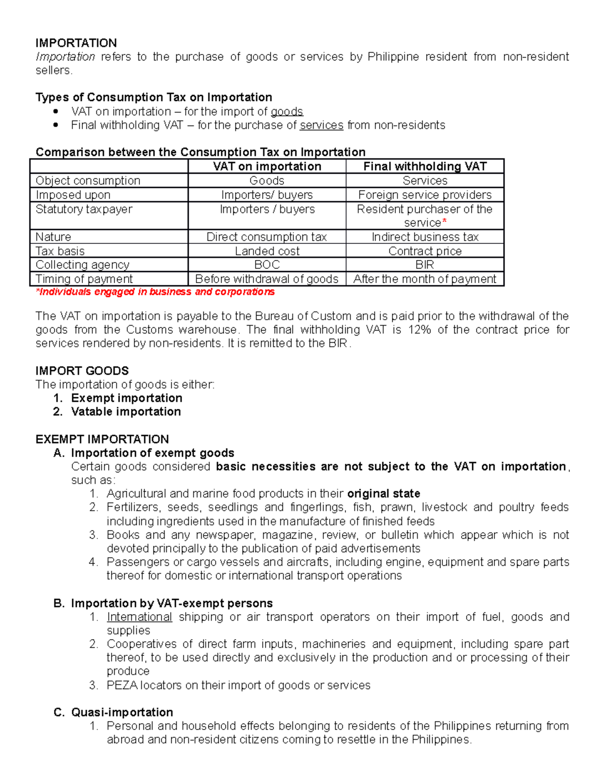 TAX 02 VAT on Importation: Key Concepts and Exemptions Explained - Studocu