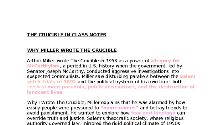 THE CRUCIBLE (ENG 101) Class Notes: Miller's Allegory of McCarthyism ...