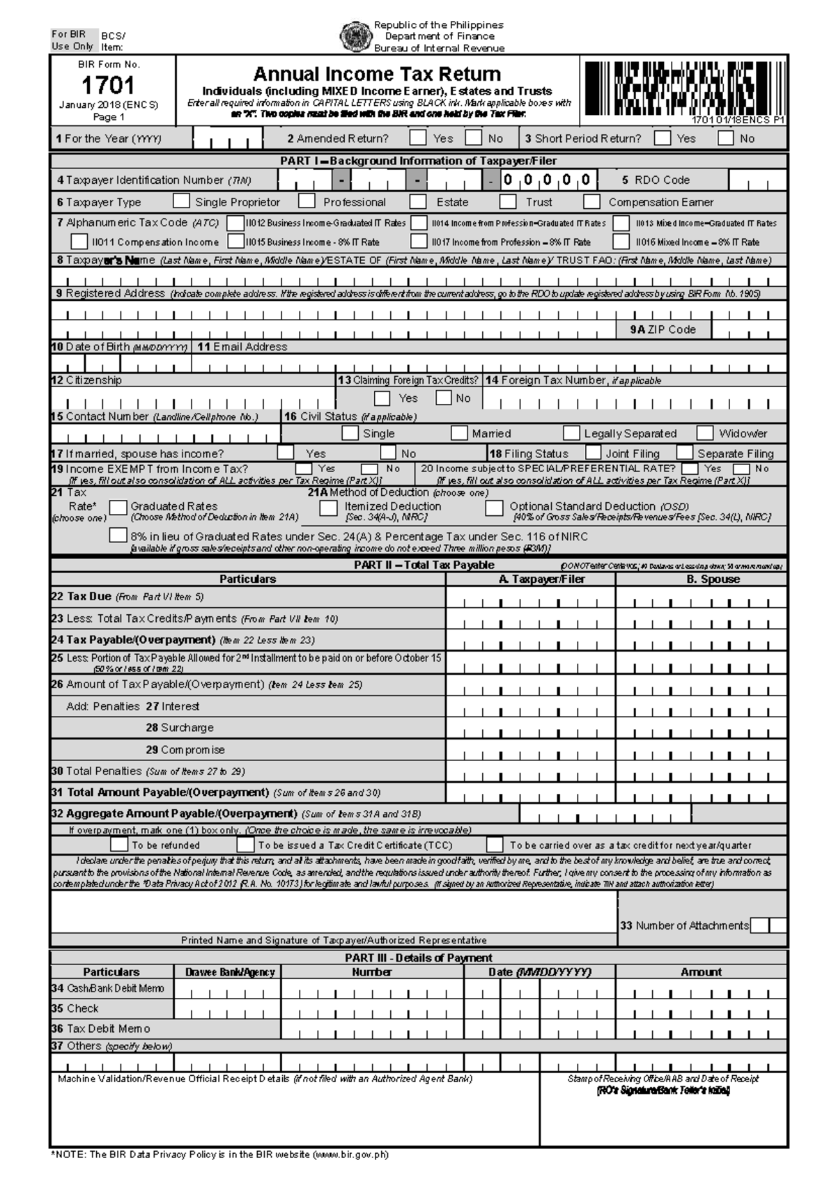 BIR Form 1701: Annual Income Tax Return for Individuals & Trusts - Studocu