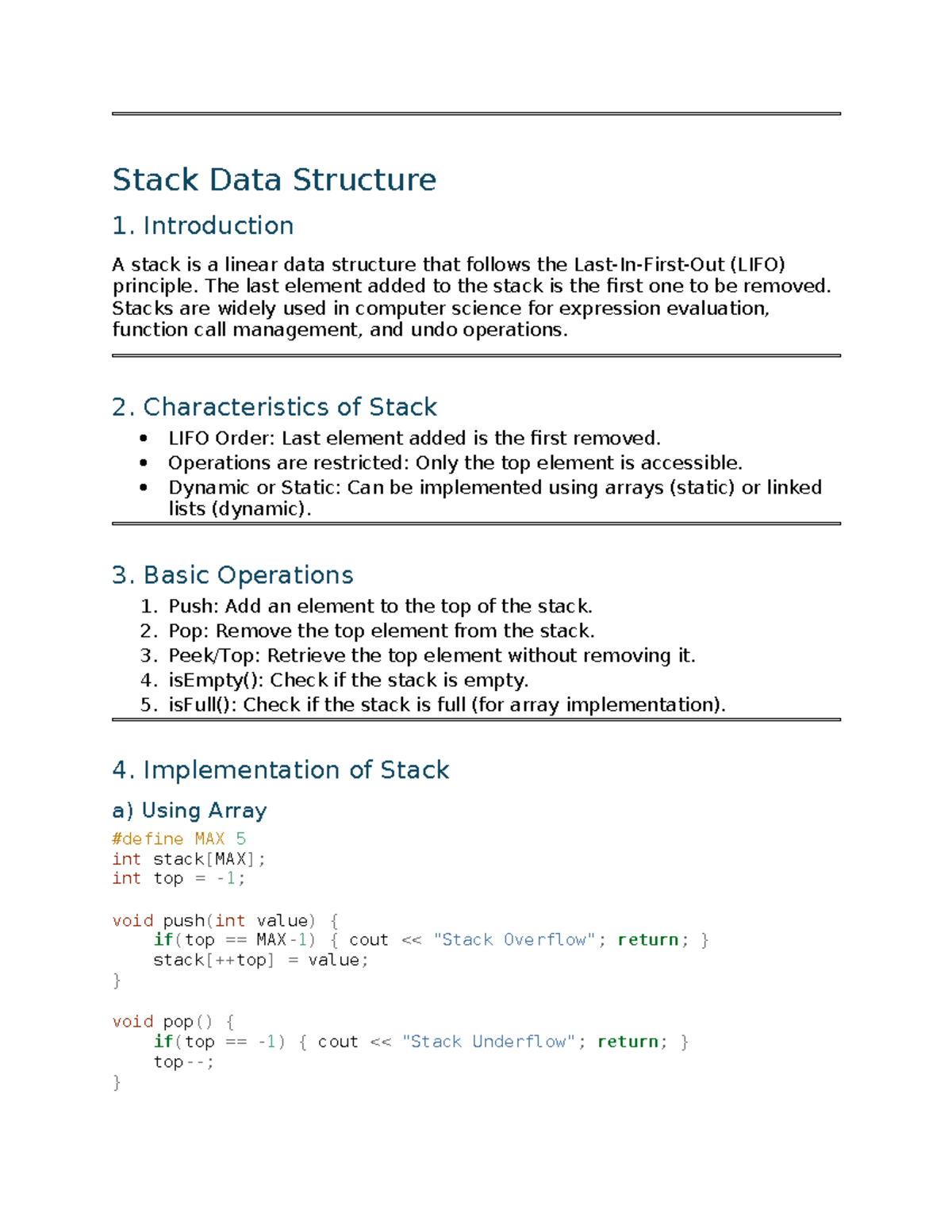 CS101: Stack Data Structure Overview and Key Operations - Studocu