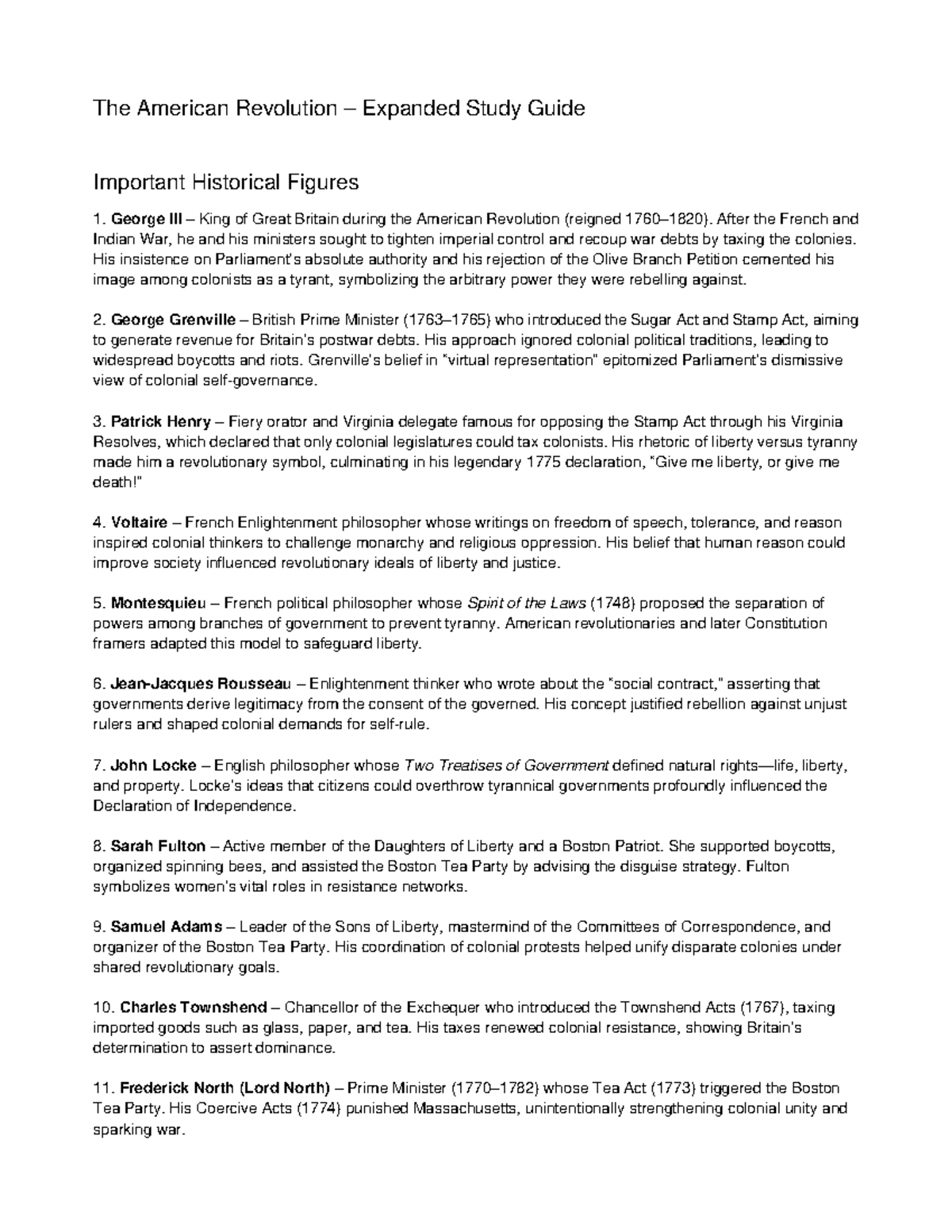 Expanded Study Guide: Key Figures of the American Revolution - Studocu