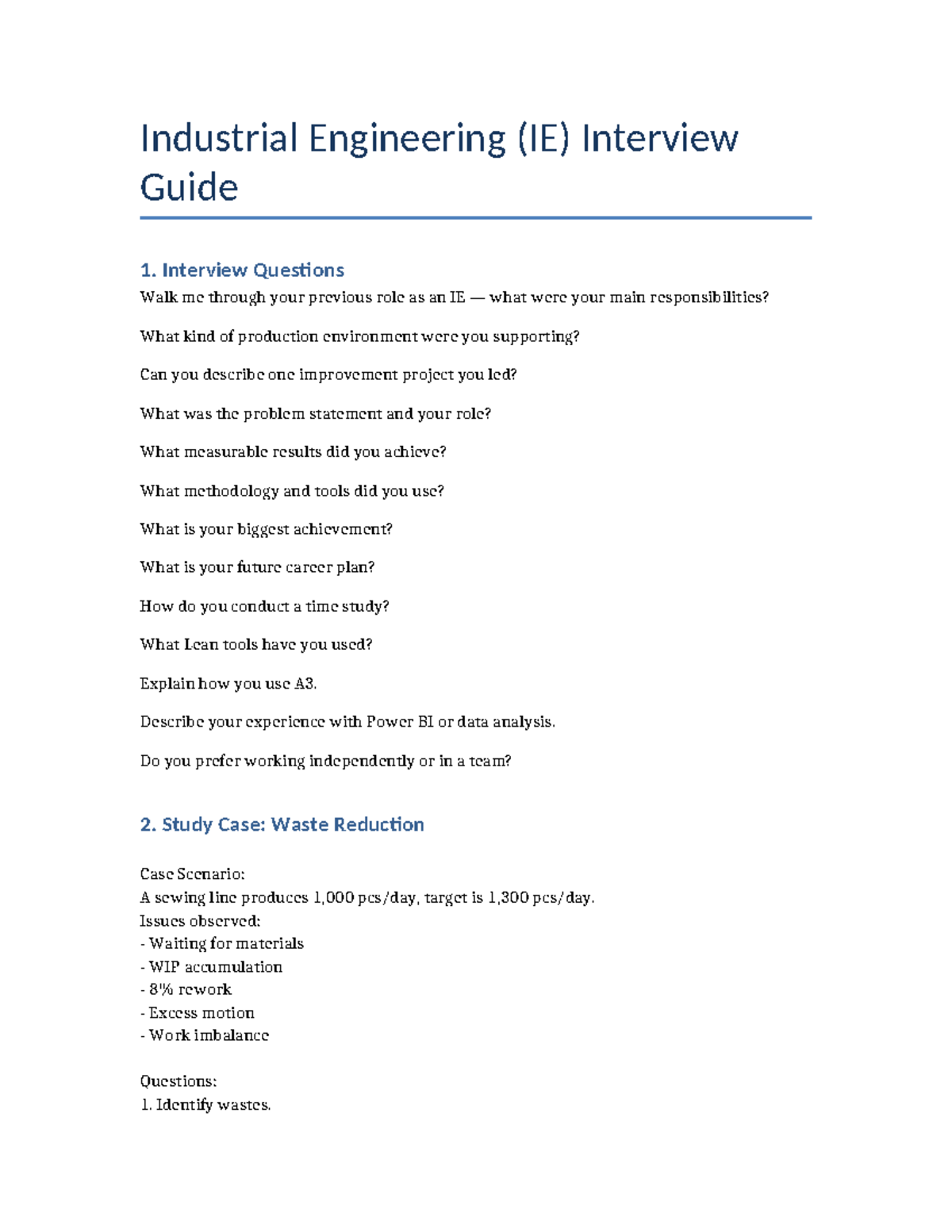 IE Interview Guide: Key Questions & Waste Reduction Case Study - Studocu