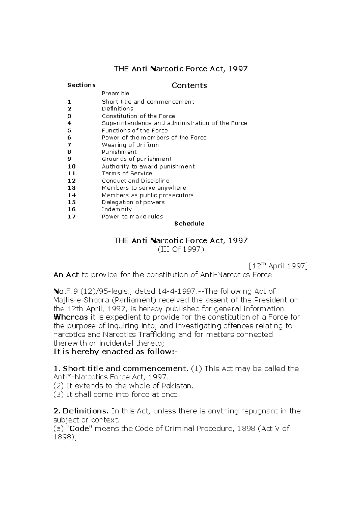 The Anti Narcotic Force Act, 1997: Key Sections and Provisions - Studocu