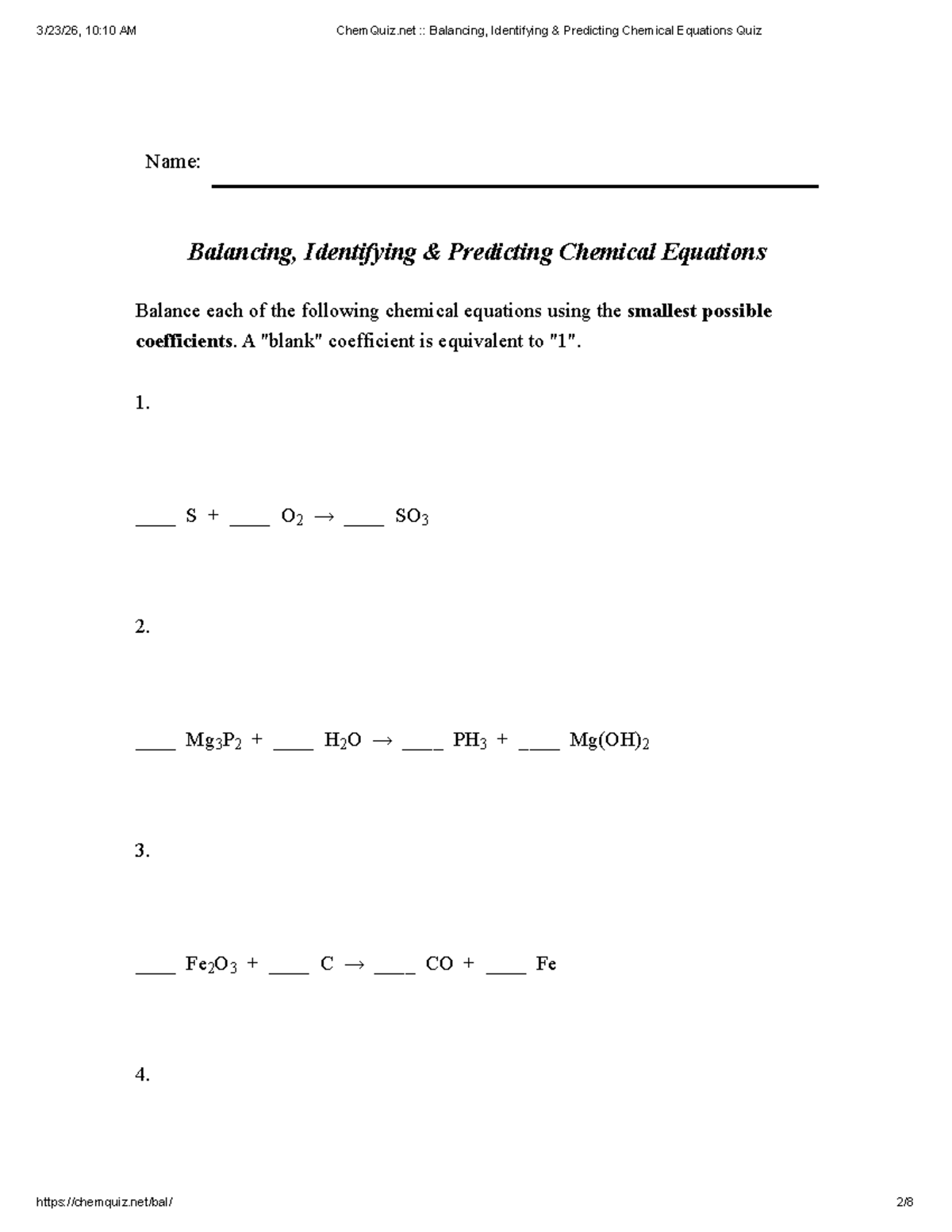 Chem 101: Balancing & Predicting Chemical Equations Quiz - Studocu