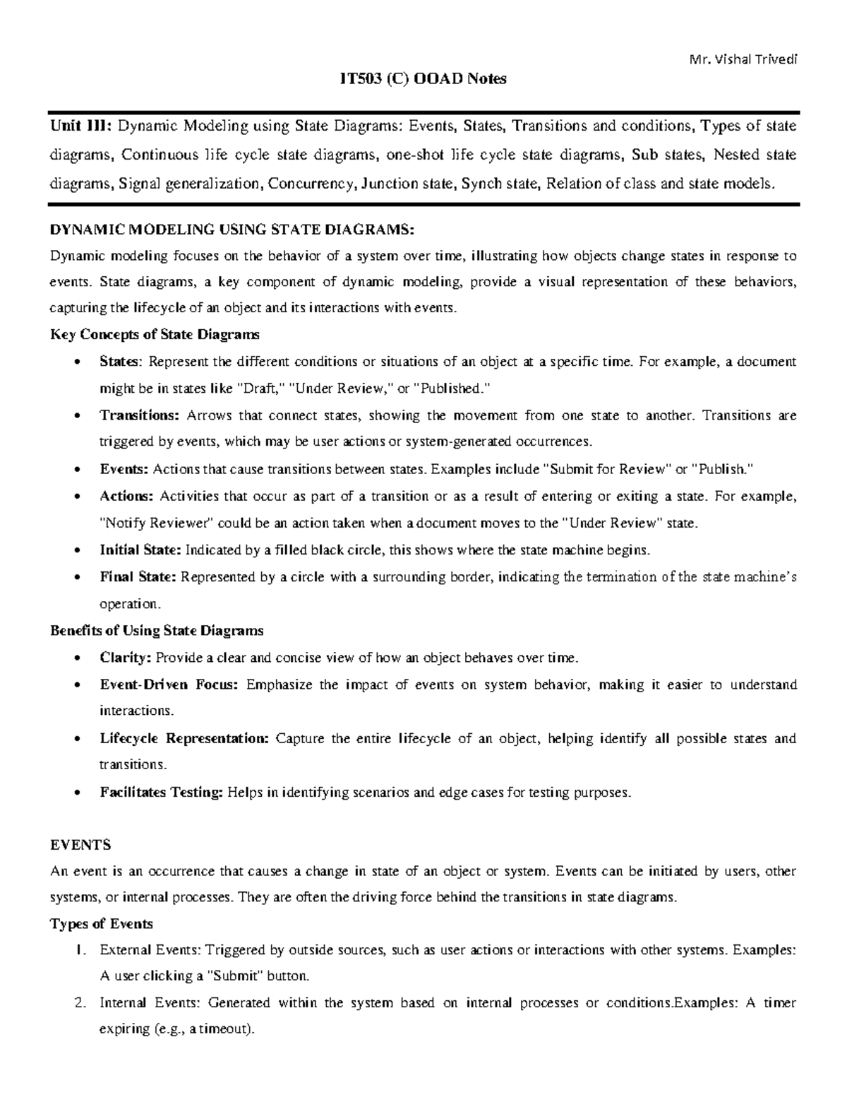 IT503 (C) Unit 3 Notes: Dynamic Modeling with State Diagrams - Studocu