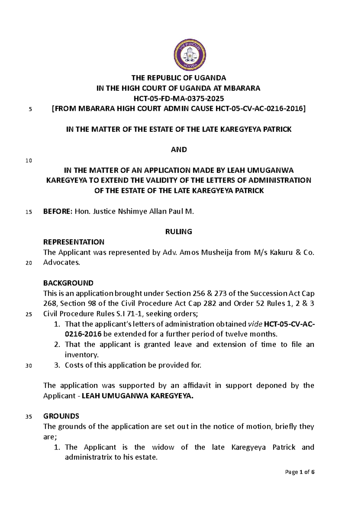 In the Matter of the Estate of the Late Karegyeya Patrick: UGHC 1085 ...