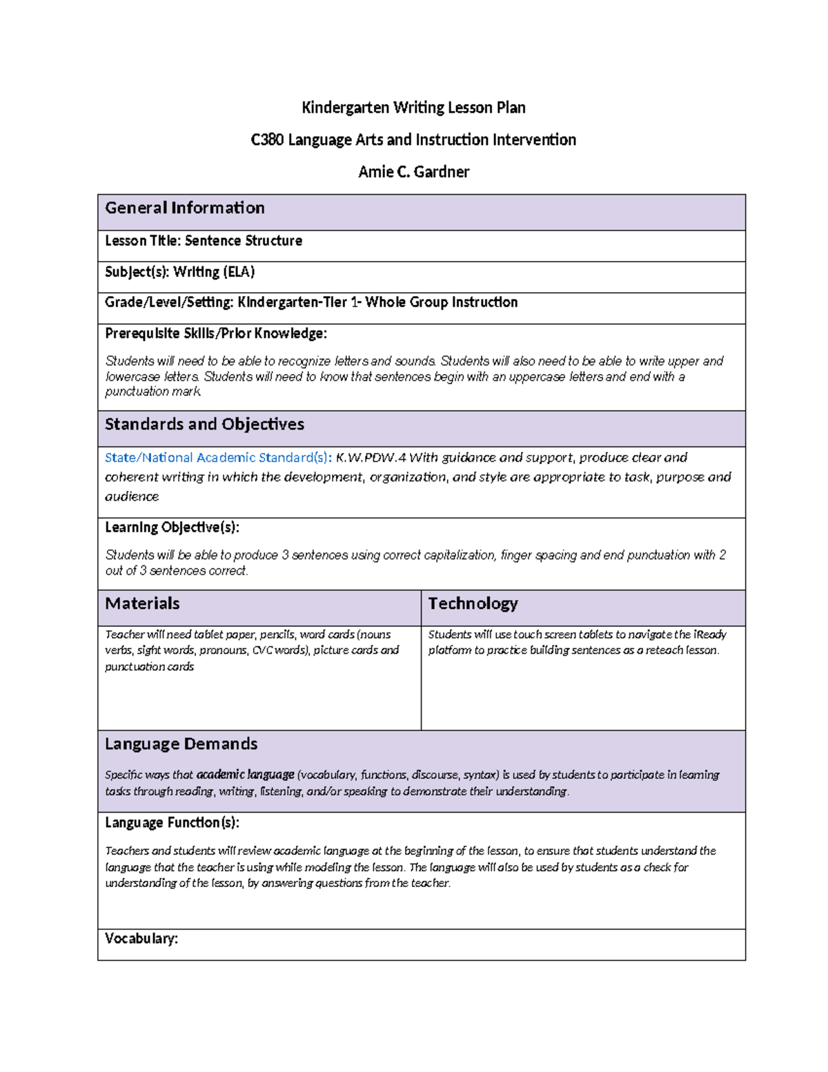 Language Arts Instruction Lesson Plan - Kindergarten Writing Lesson ...