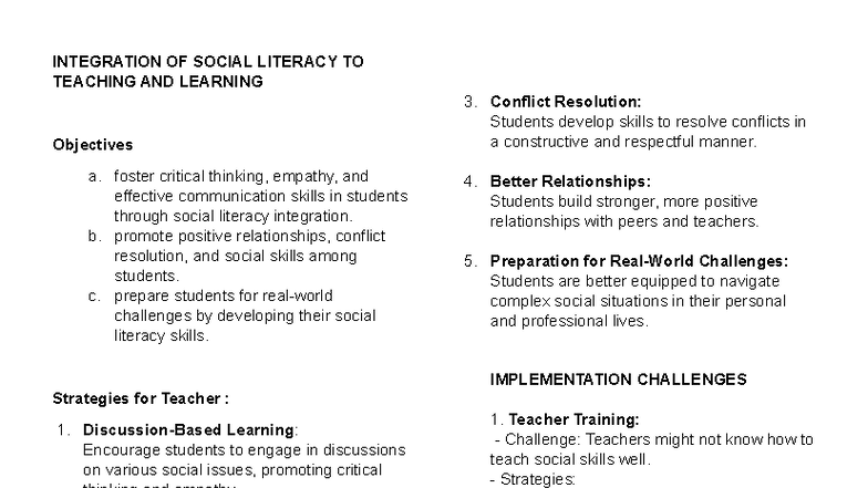 PED 8 WEEK 7 - Integrating Social Literacy in Teaching Strategies - Studocu