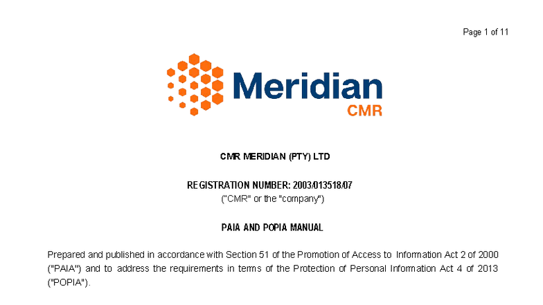 CMR MERIDIAN PAIA & POPIA Manual - Access to Information Guide - Studocu