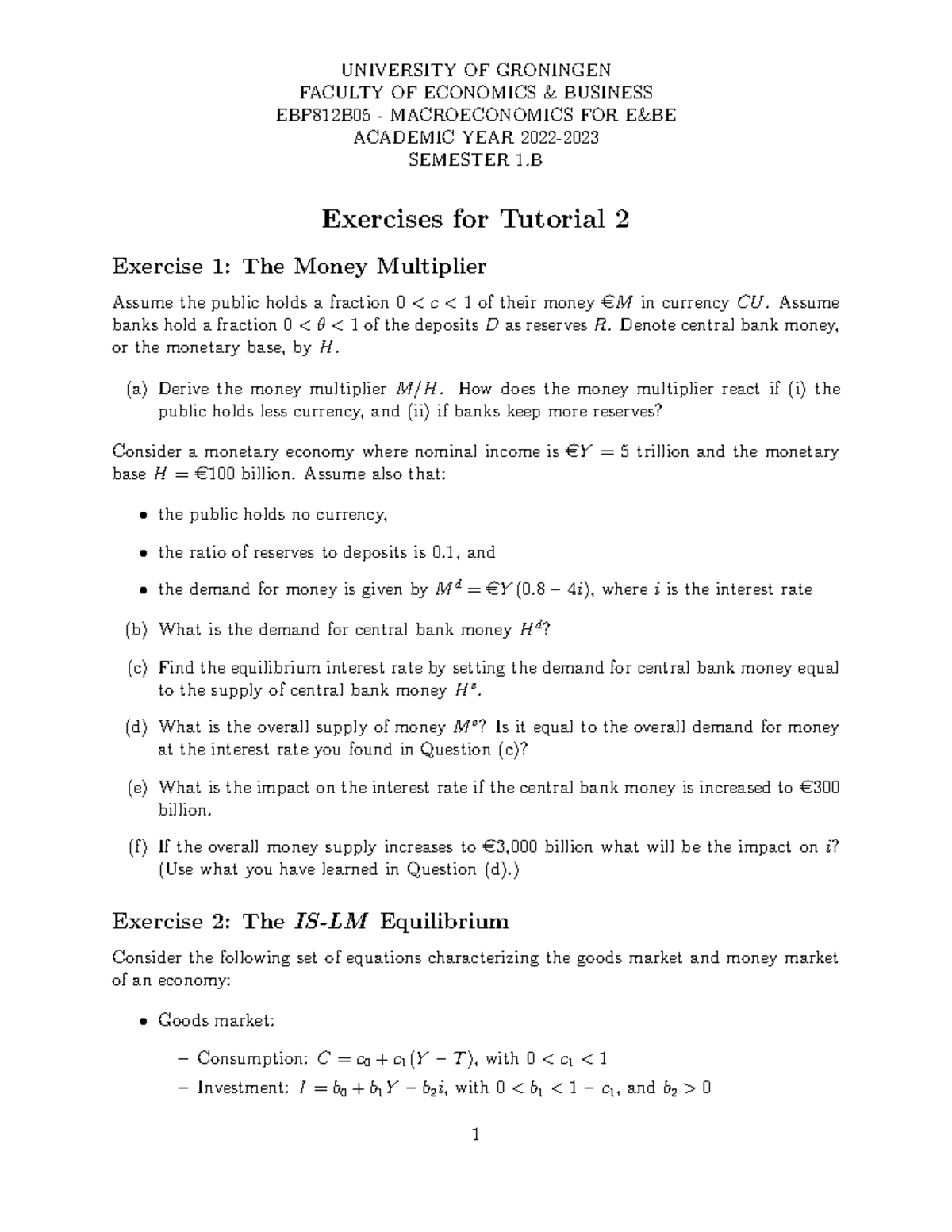 Exercises for EBP812B05 Macroeconomics Tutorial 2 Analysis - Studeersnel