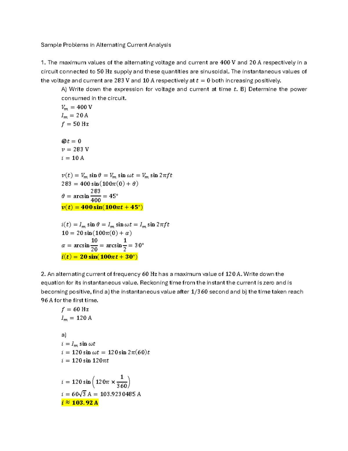 Alternating Current Analysis Sample Problems & Solutions (AC 101) - Studocu