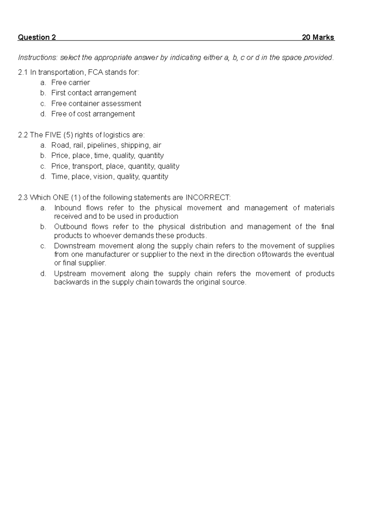 BLG1012 MCQs Practice Test 1 - Logistics & Supply Chain Concepts - Studocu