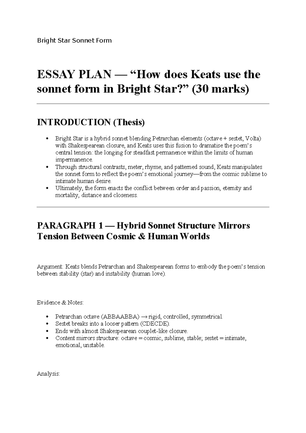 Bright Star Sonnet Form Essay Plan: Keats' Fusion of Styles - Studocu