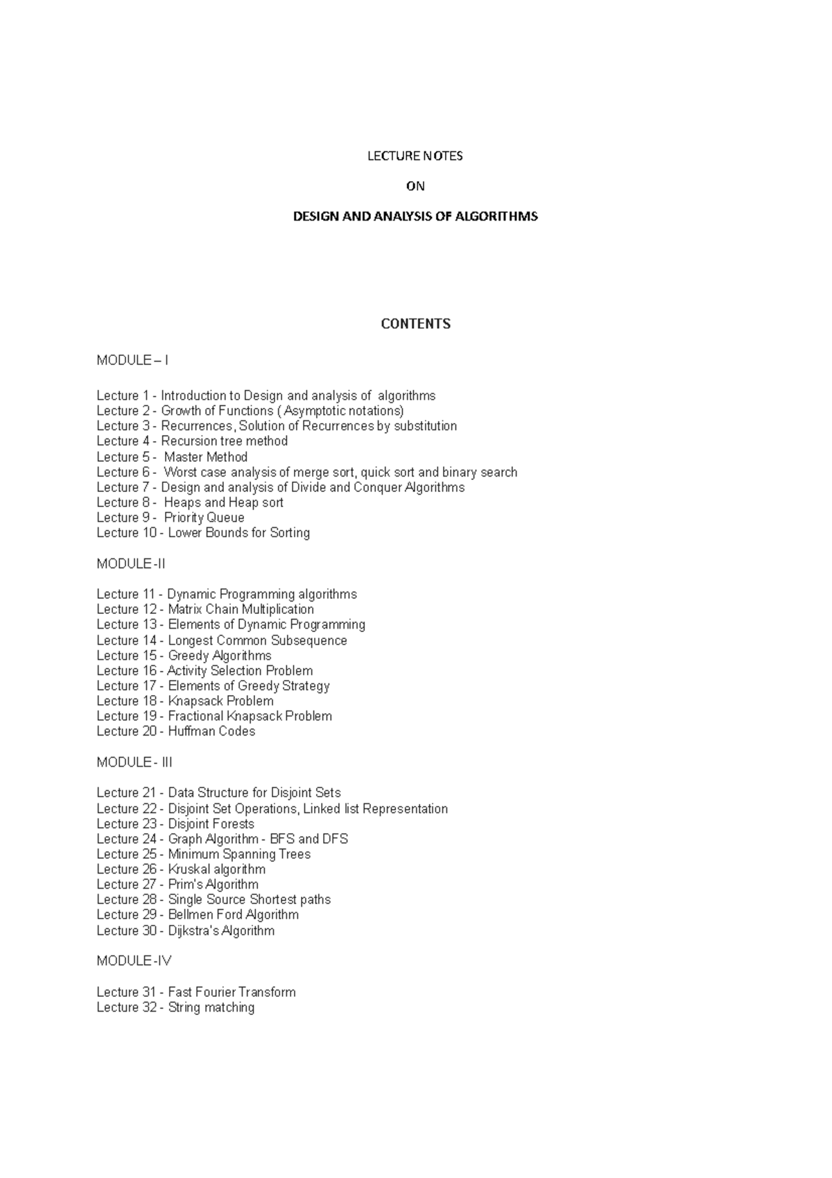 Design And Analysis Of Algorithms Lecture Notes On Design And Analysis Of Algorithms Contents