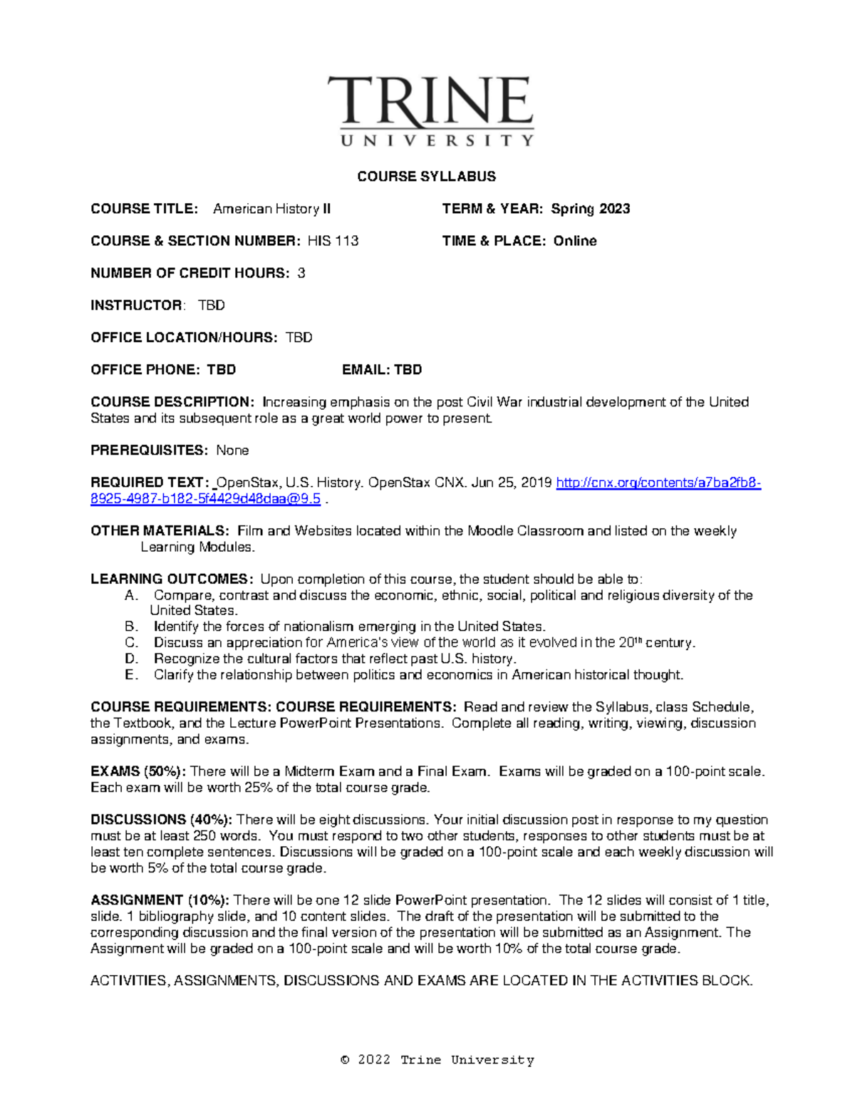 HIS 113 American History II Spring 2023 Course Syllabus and Overview ...