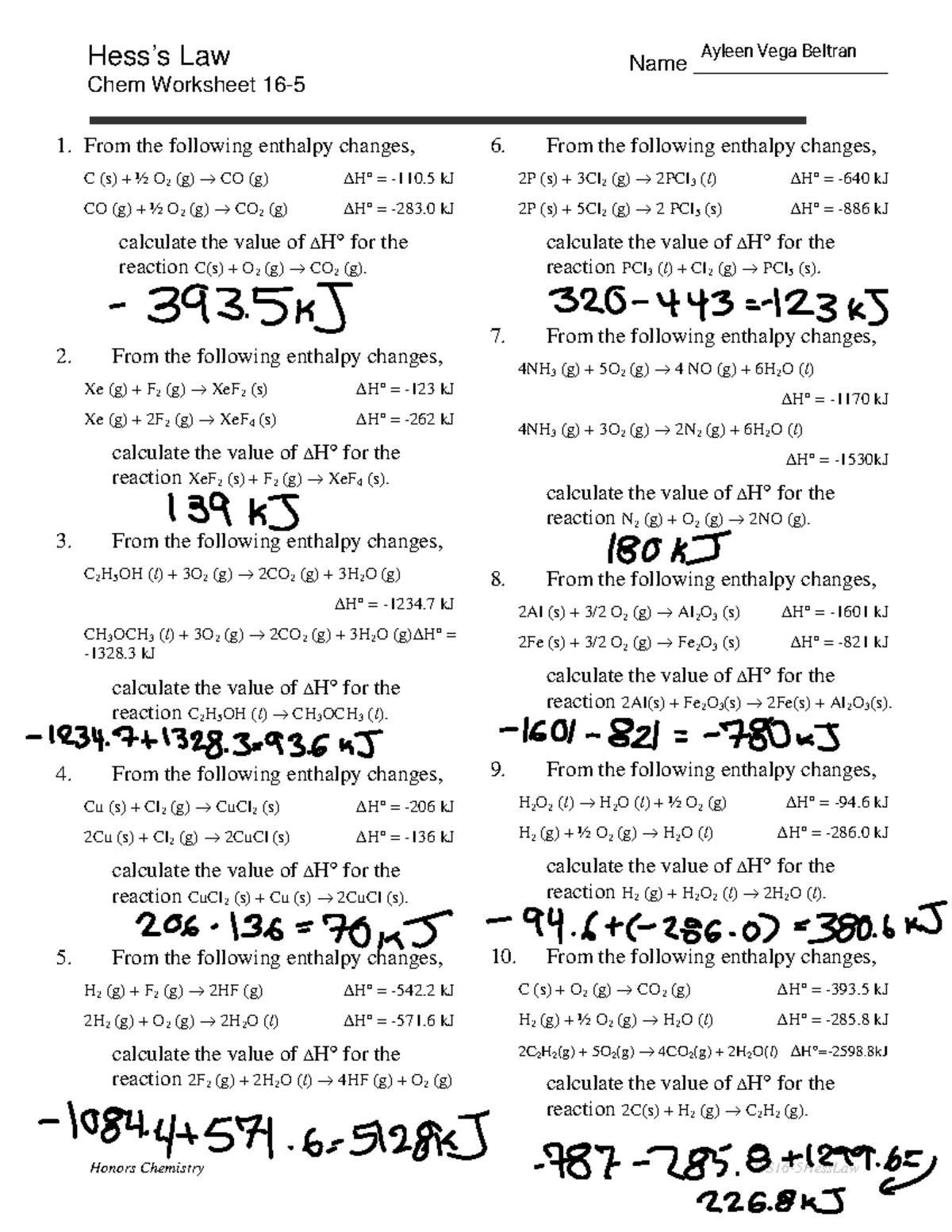 Hess Law - Chem Worksheet 1 (Law Ayleen Vega Beltran) - Studocu