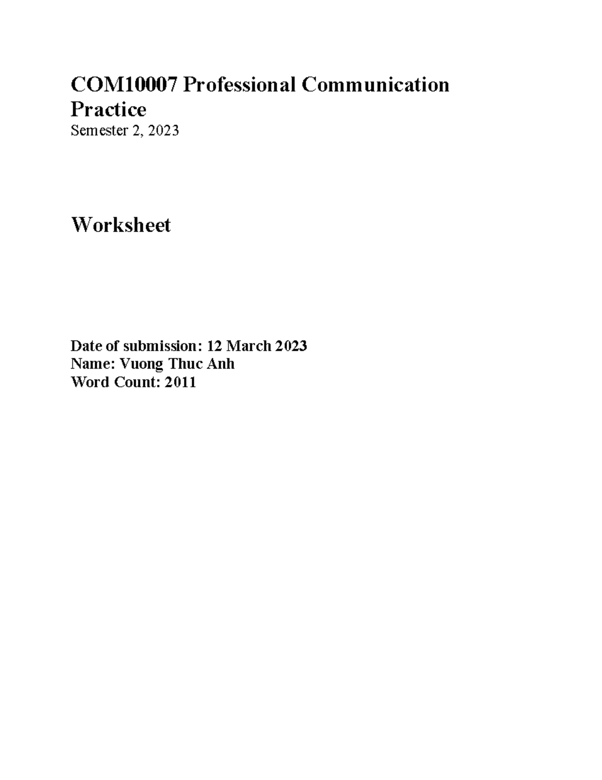 COM10007 Professional Communication Worksheet - Semester 2, 2023 - Studocu