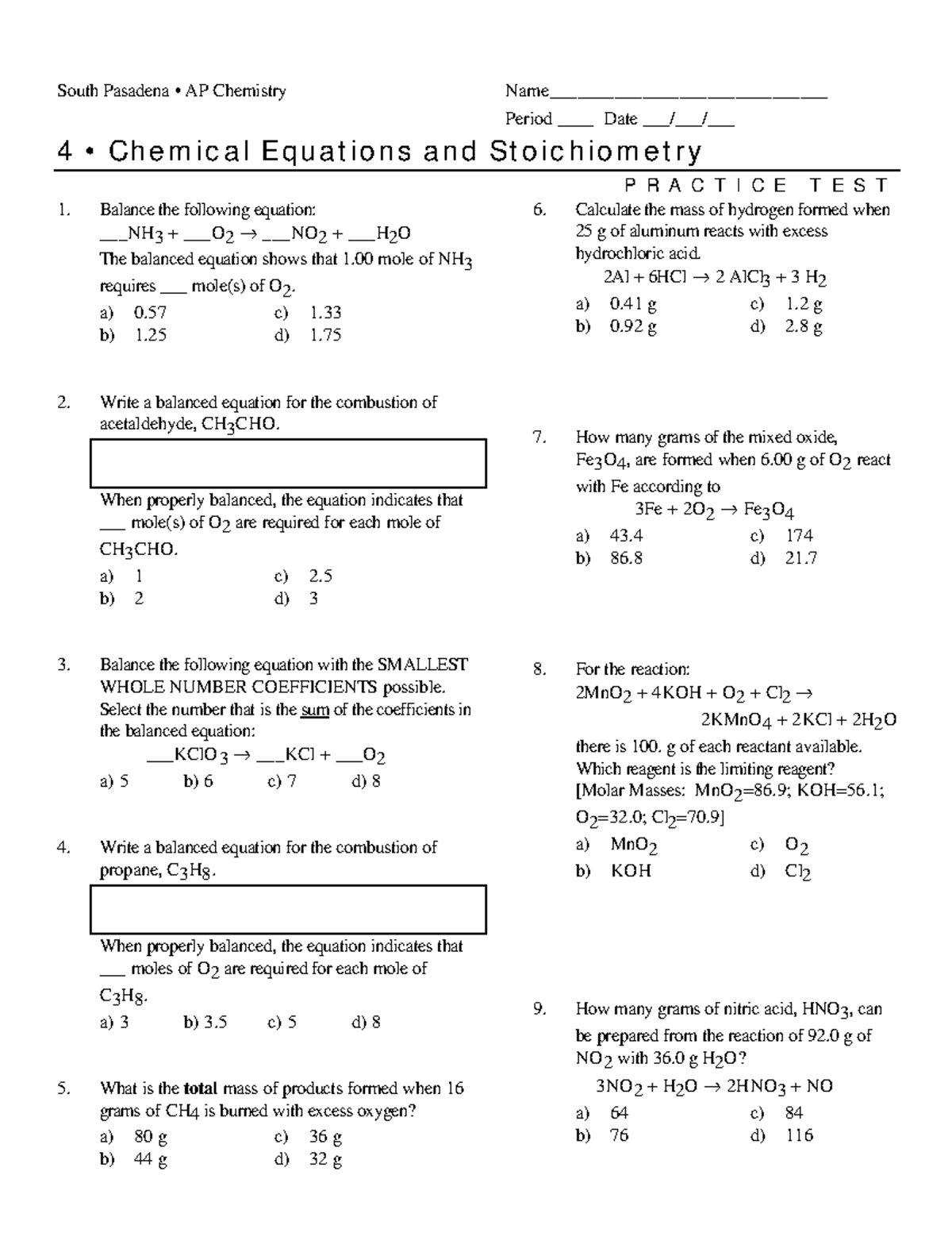 AP Chem Unit 4: Practice Test on Chemical Equations & Stoichiometry ...