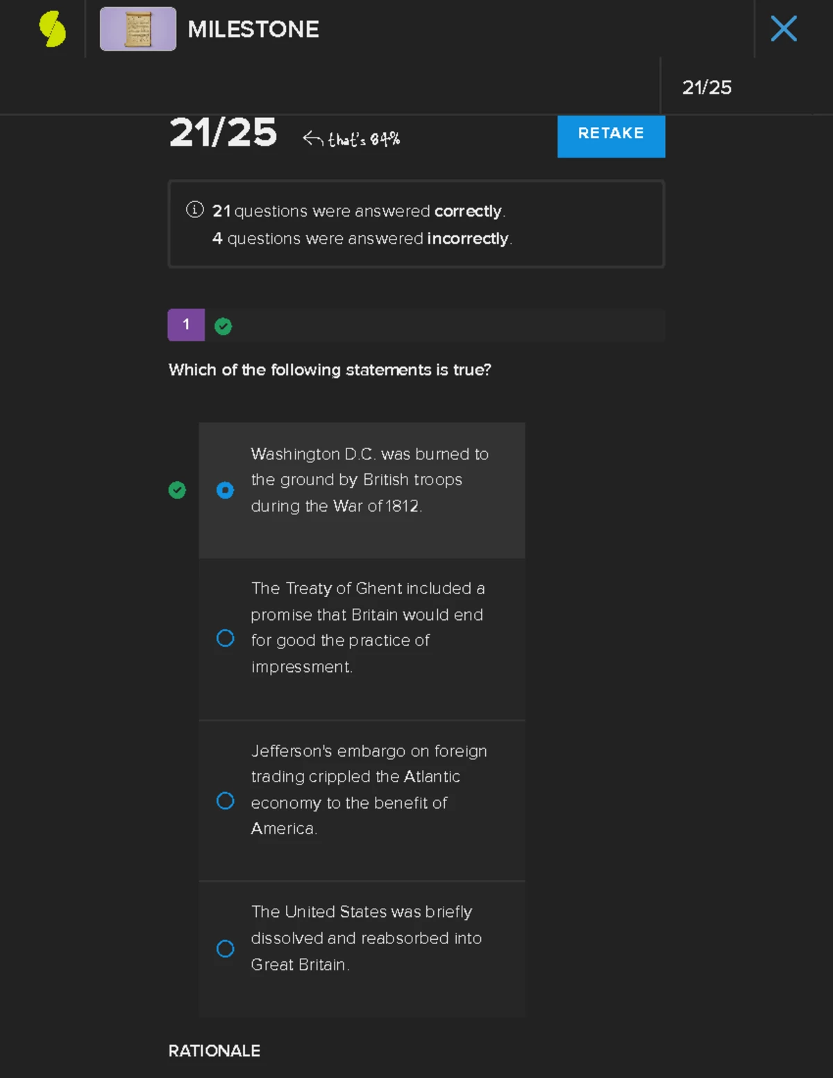 Sophia US History Milestone 4 - 1 14/15 that's 93% RETAKE 14 questions were answered correctly ...