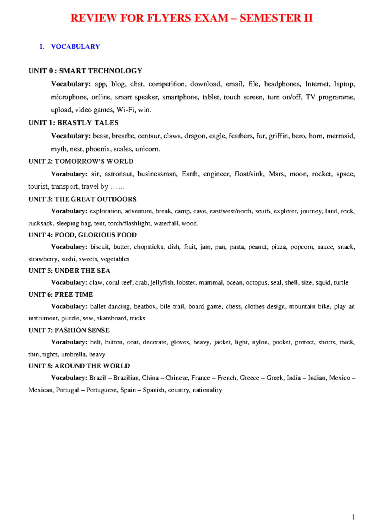 REVIEW FOR FINAL TEST - SEMESTER II: VOCABULARY & GRAMMAR - Studocu