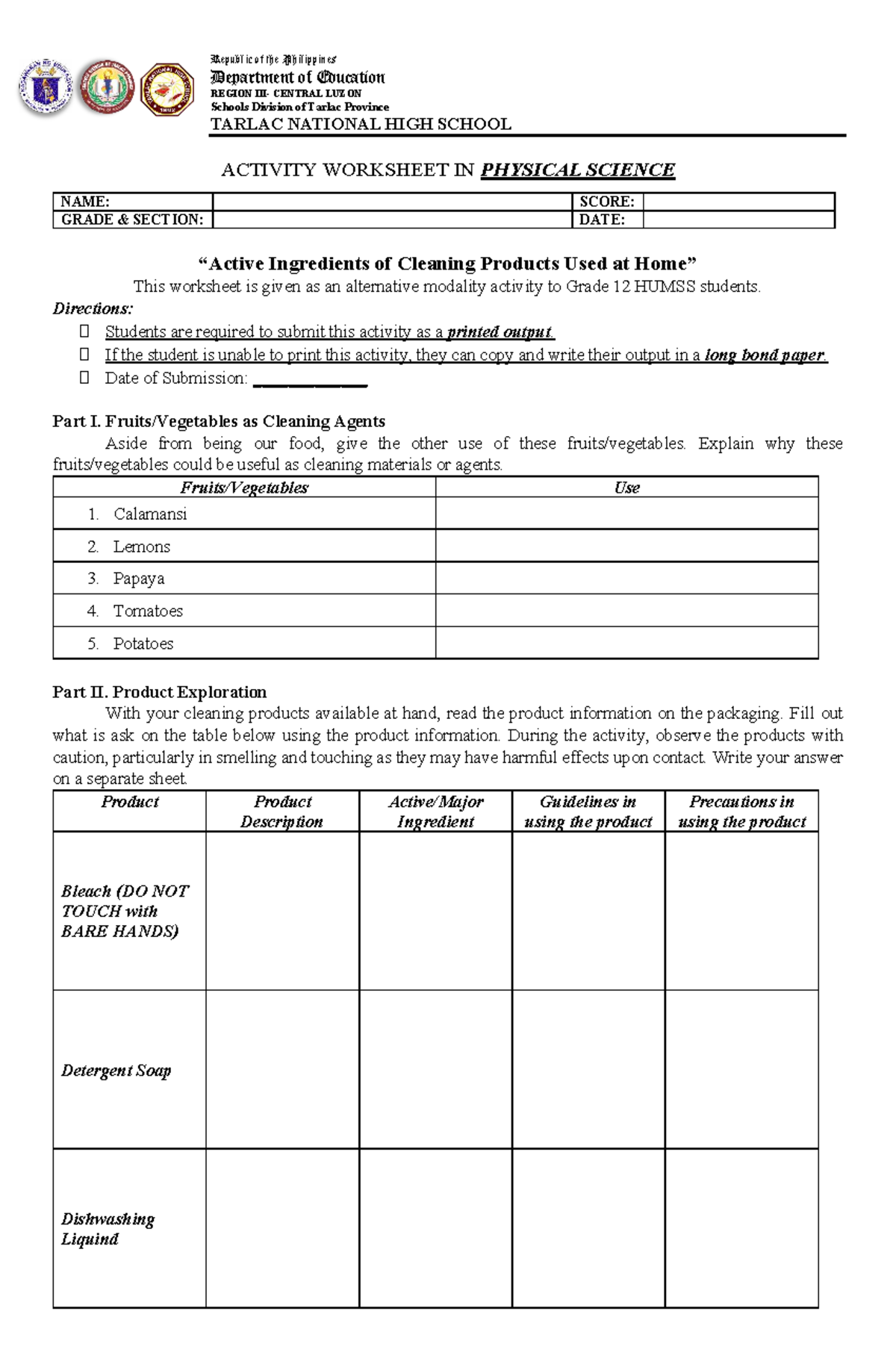 Activity Worksheet in Physical Science for Grade 12 HUMSS - Studocu