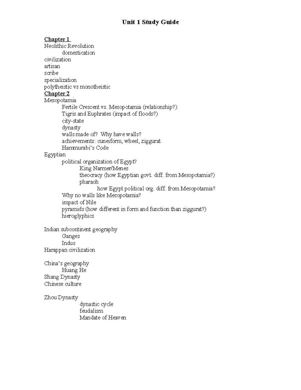 Unit 1 Study Guide: Neolithic Revolution to Early African Cultures ...