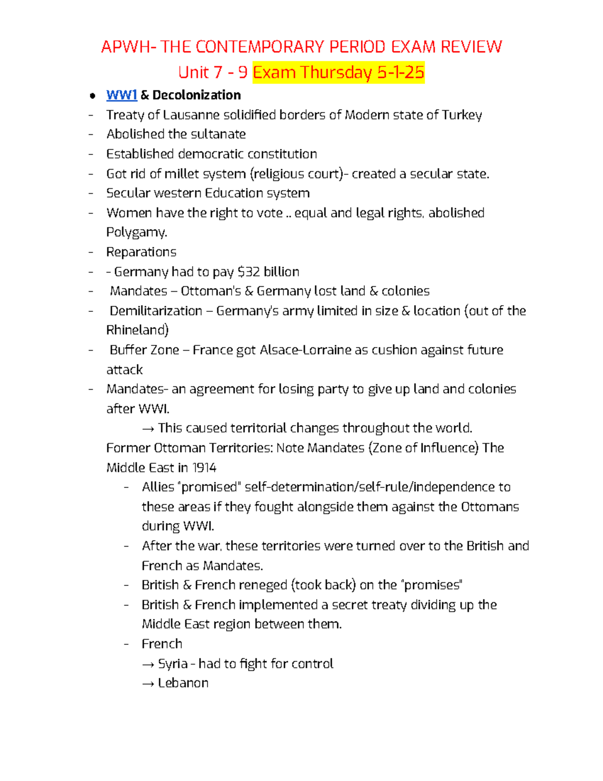 APWH Final Exam Review: Key Causes of WWII & Decolonization Effects ...