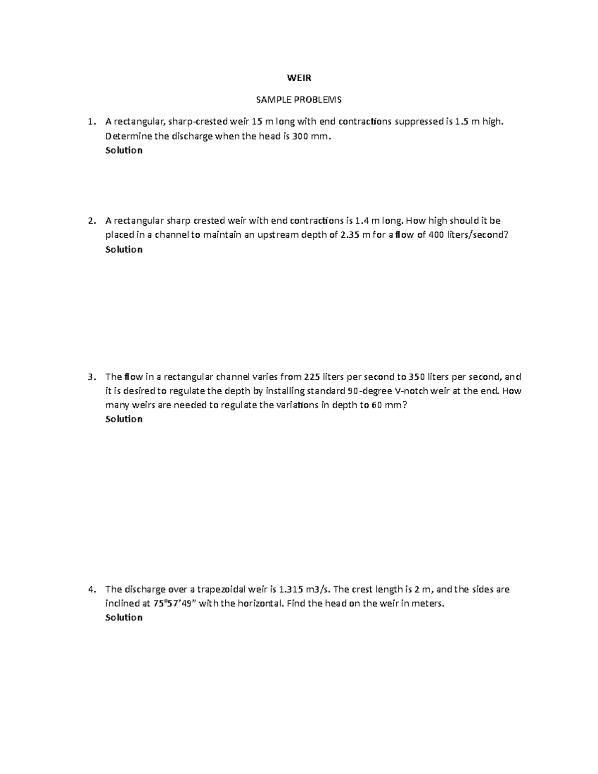 WEIR Practice Problems: Discharge Calculations and Solutions - Studocu