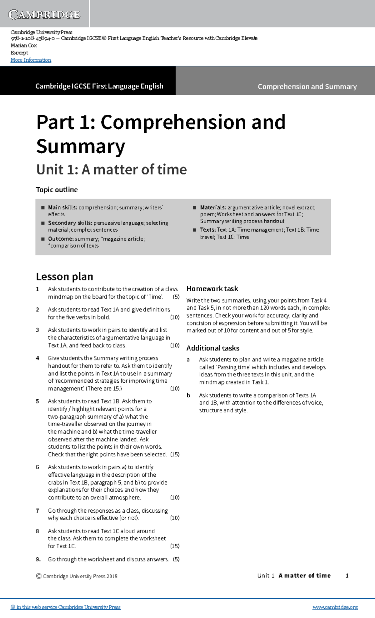 Cambridge IGCSE First Language English: Comprehension & Summary Unit 1 ...