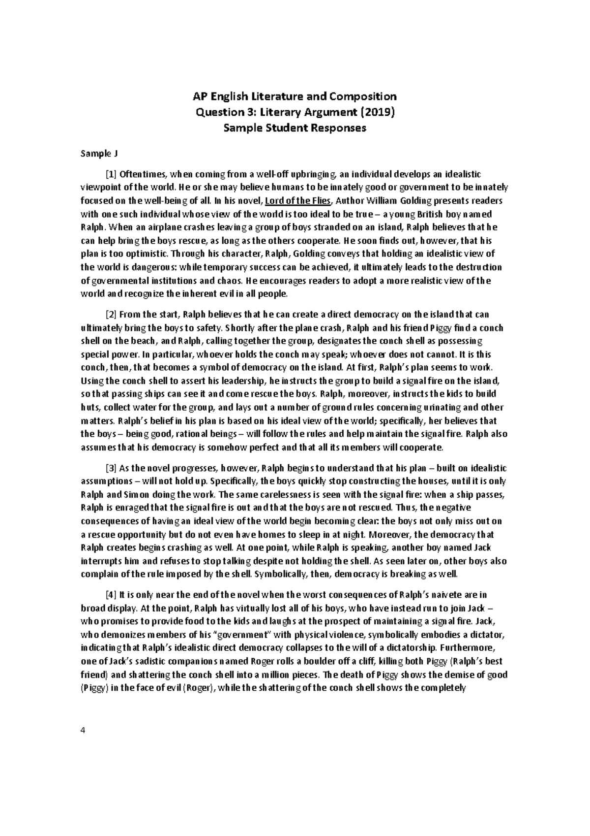 AP English Lit - FRQ3 Idealism in Golding's "Lord of the Flies" Essay ...