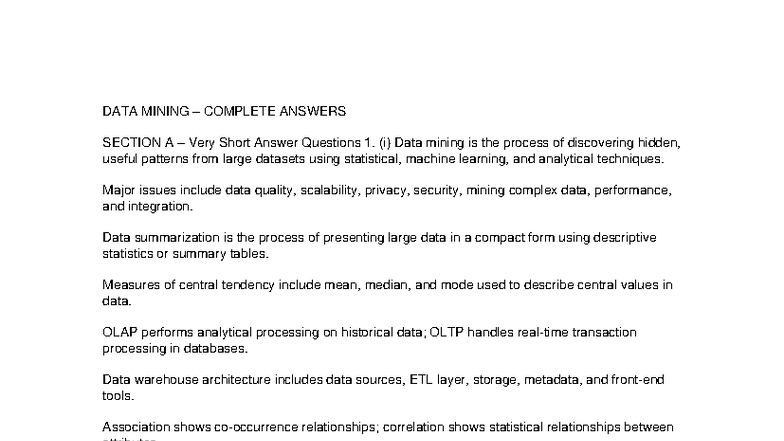 DATA MINING COMPLETE ANSWERS - SECTION A & B - Studocu