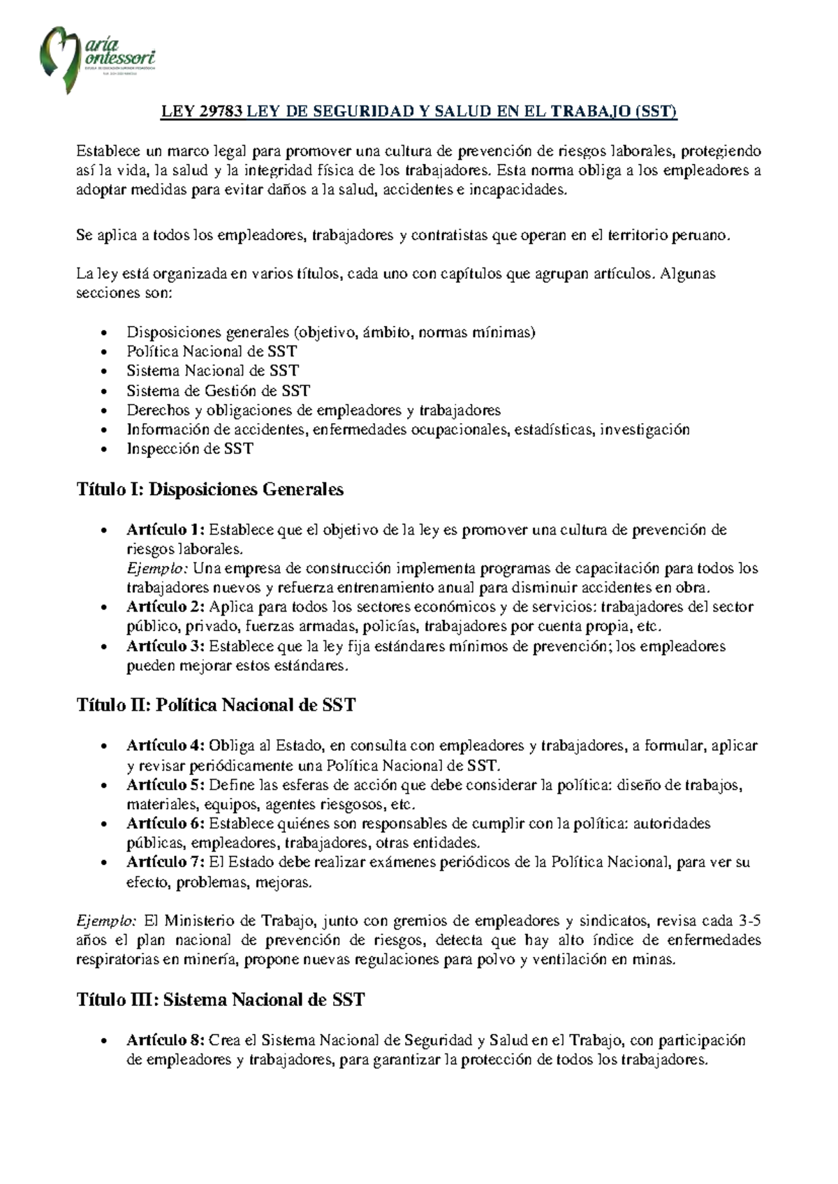 LEY 29783: Marco Legal de Seguridad y Salud en el Trabajo (SST) - Studocu