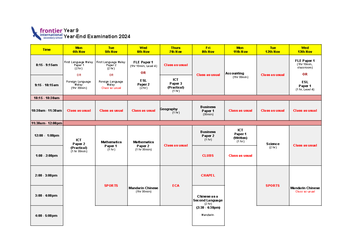 Year 9 Year-End Exam Schedule 2024: Dates & Subjects - Studocu