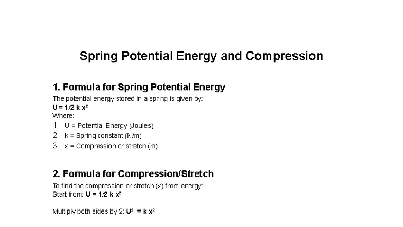 Spring Potential Energy -1: Understanding Compression & Formulas - Studocu