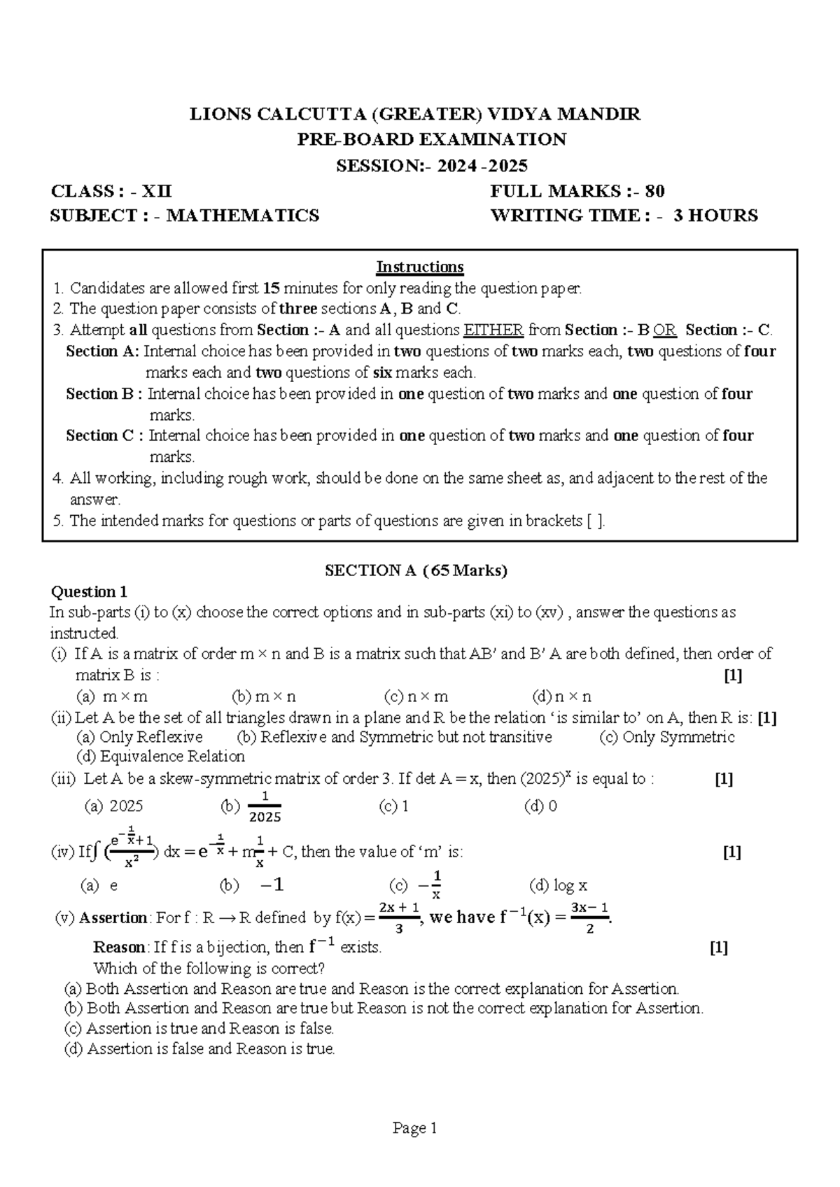 Class 12 PRE Board Exam 2024-25: Mathematics Full Marks 80 - Studocu