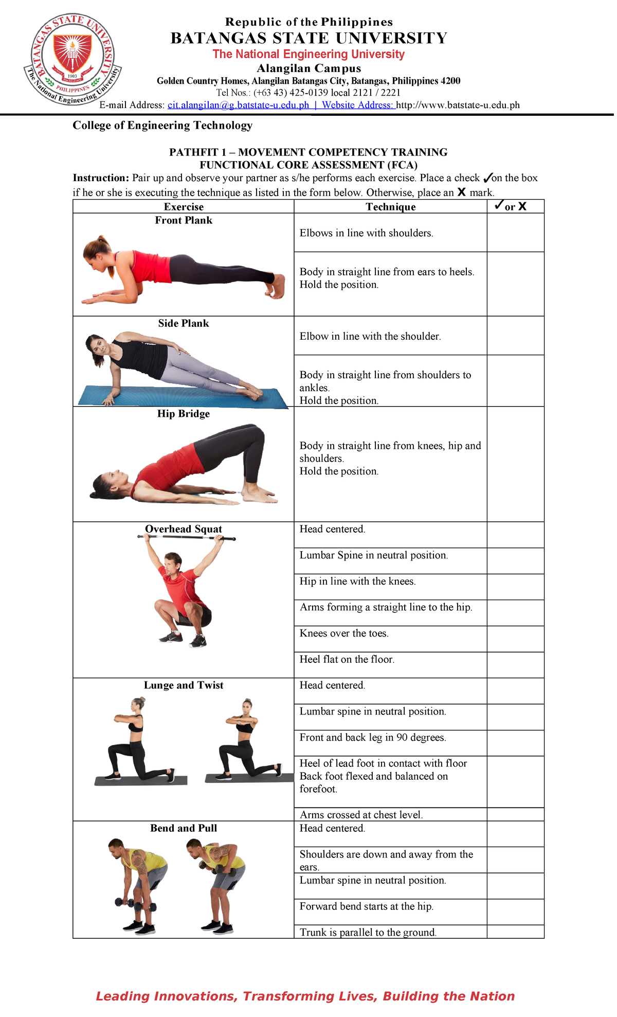 FCA - Functional Core Assessment for PATHFIT 1 Training - Studocu