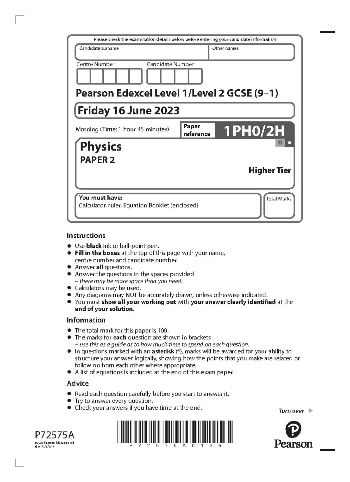 1PH0/2H Physics Exam Paper - Higher Tier - June 2023 - Studocu