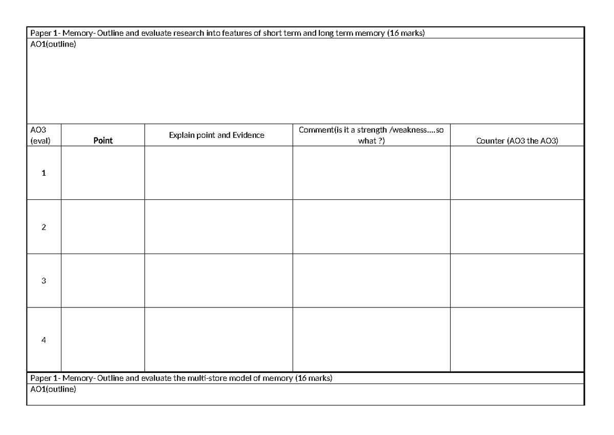 Paper 1: Memory Essay Plans - Outlines & Evaluations (16 Marks) - Studocu