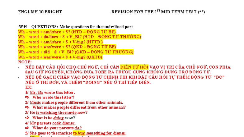 ENGLISH 10 MIDTERM REVISION: WH QUESTIONS & SENTENCE TRANSFORMATION ...