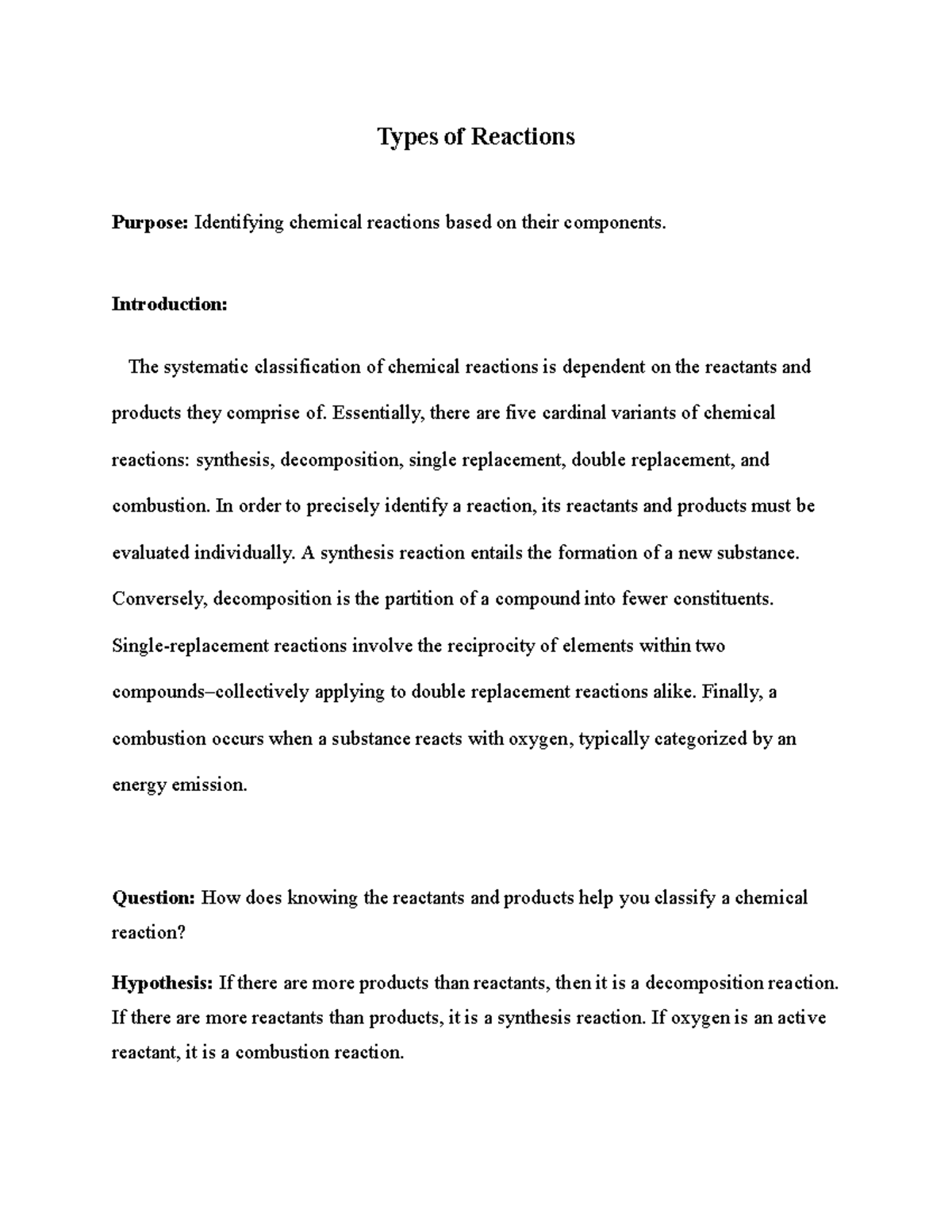 Lab Report on Types of Reactions - Chemistry 101 - Studocu