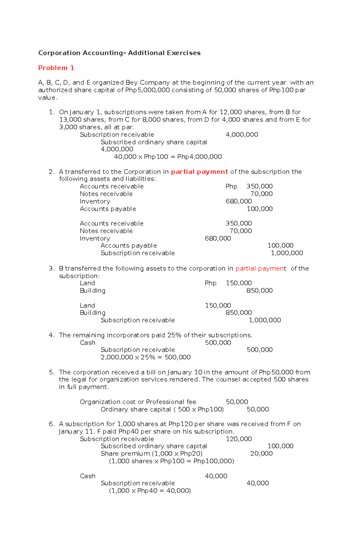 Corporation Accounting Additional Exercises and Solutions (Acct 101 ...