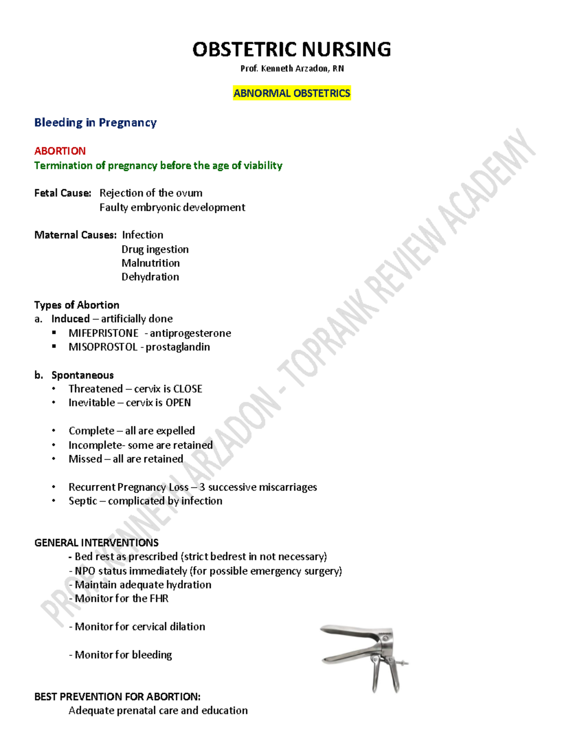 Handouts - Abnormal OB (OB 101) by Prof. Arzadon - Studocu