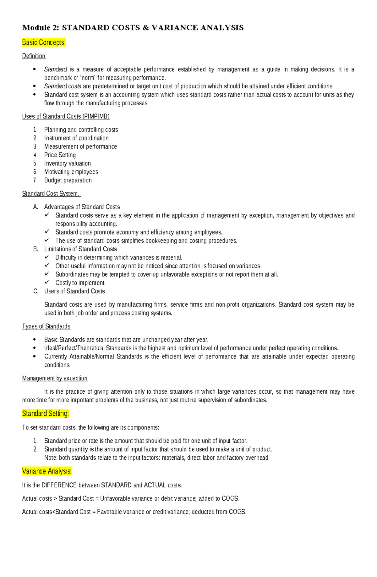 Module 2 Std Costing & Variance Analysis - Module 2: STANDARD COSTS & VARIANCE ANALYSIS Basic ...