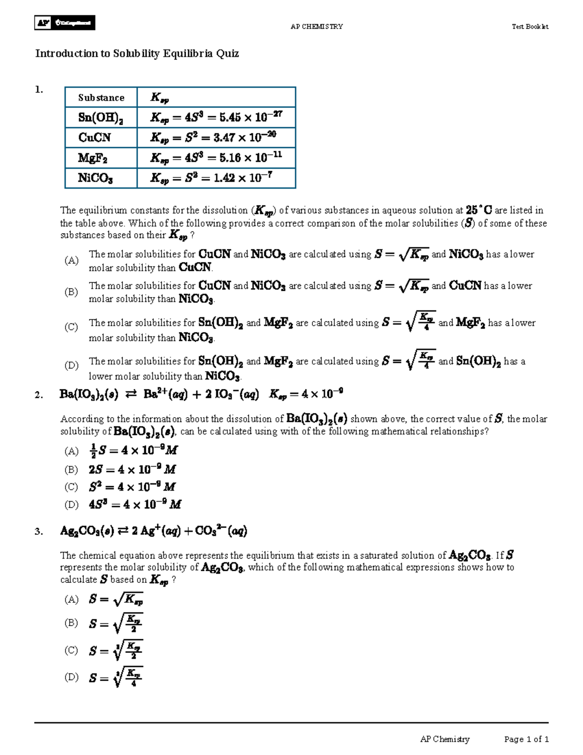 AP CHEMISTRY Quiz 1: Introduction to Solubility Equilibria - Studocu