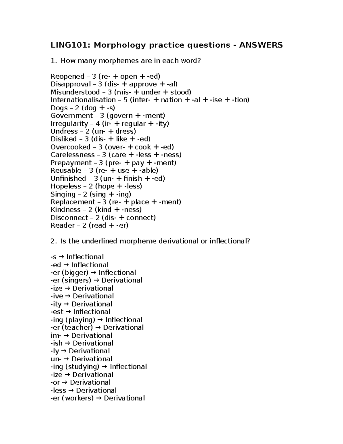 LING101: Extra Morphology Practice Questions with Answers - Studocu