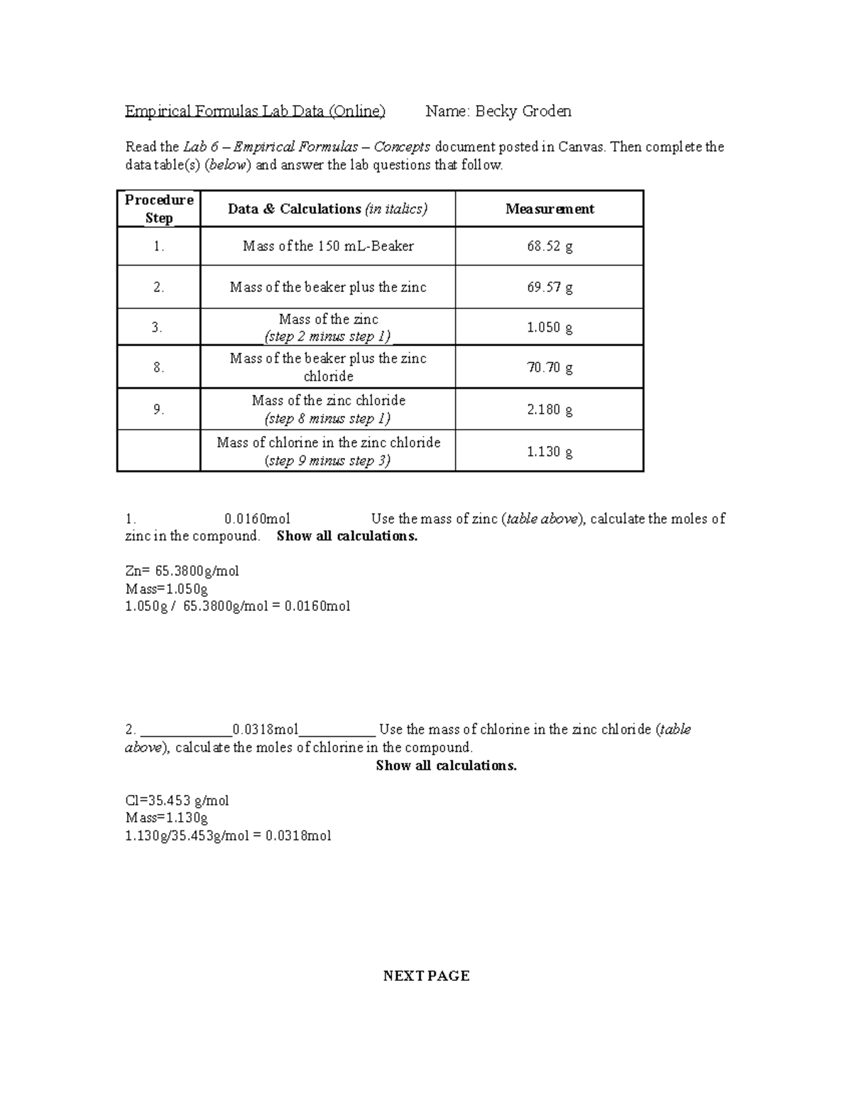 Lab 6 - Empirical Formulas - OL Lab Report - Empirical Formulas Lab ...
