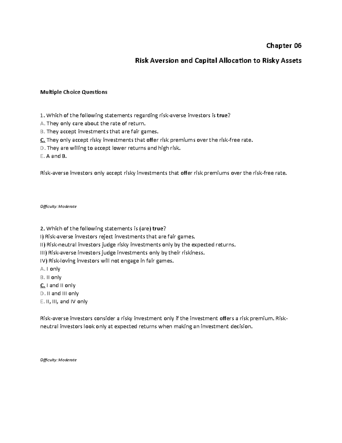 Chapter 06: Risk Aversion & Capital Allocation MCQs - Test Bank - Studocu